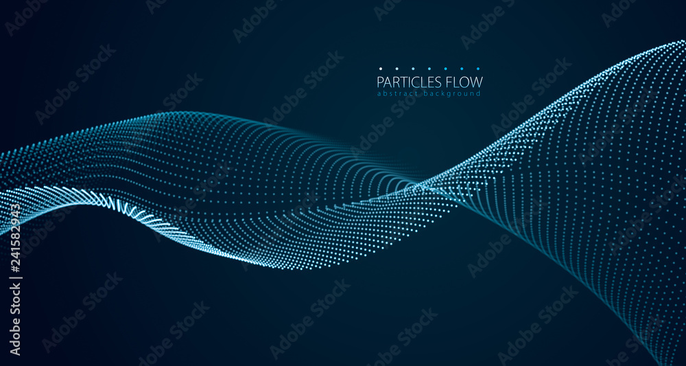 Dynamic particles sound wave flowing over dark. Blurred lights vector abstract background ...