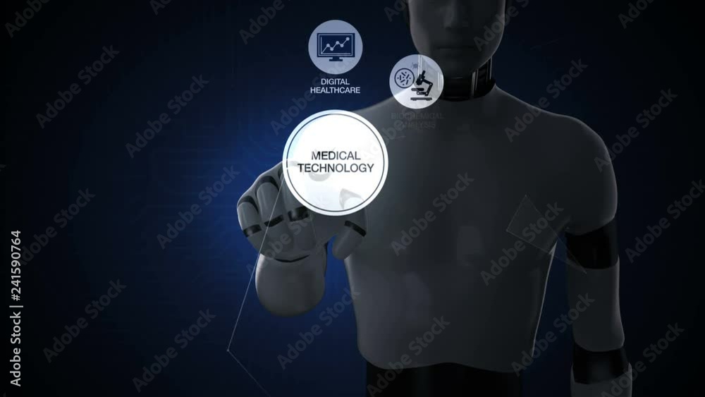 Robot, cyborg touching 'MEDICAL TECHNOLOGY' and various future medical ...