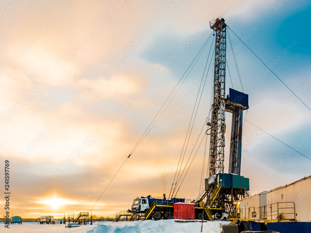 Drilling a deep well with a drilling rig in an oil and gas field. The ...