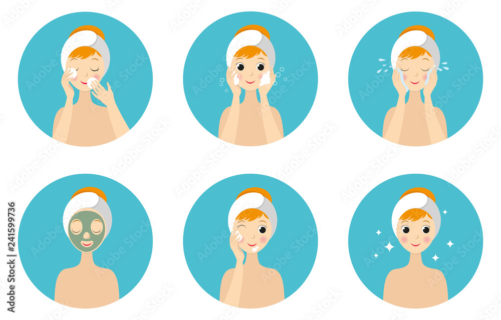 Face care routine. Girl Cleaning And Care Her Face With Various Actions ...