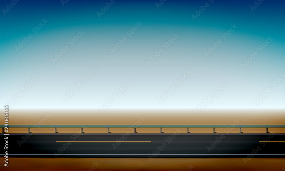 Side view of a road with a crash barrier, roadside, straight horizon ...