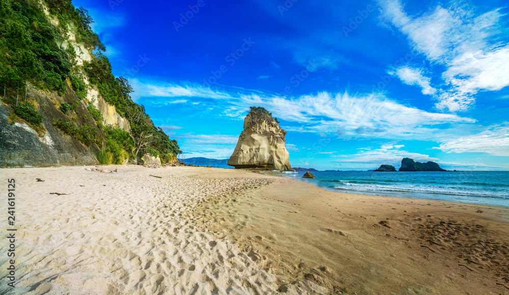 panorama of sandstone rock monolith at cathedral cove,coromandel, new ...