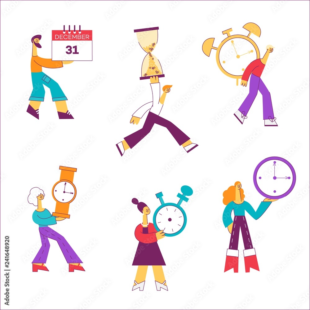 Vector funny characters holding symbols of time management in hands ...