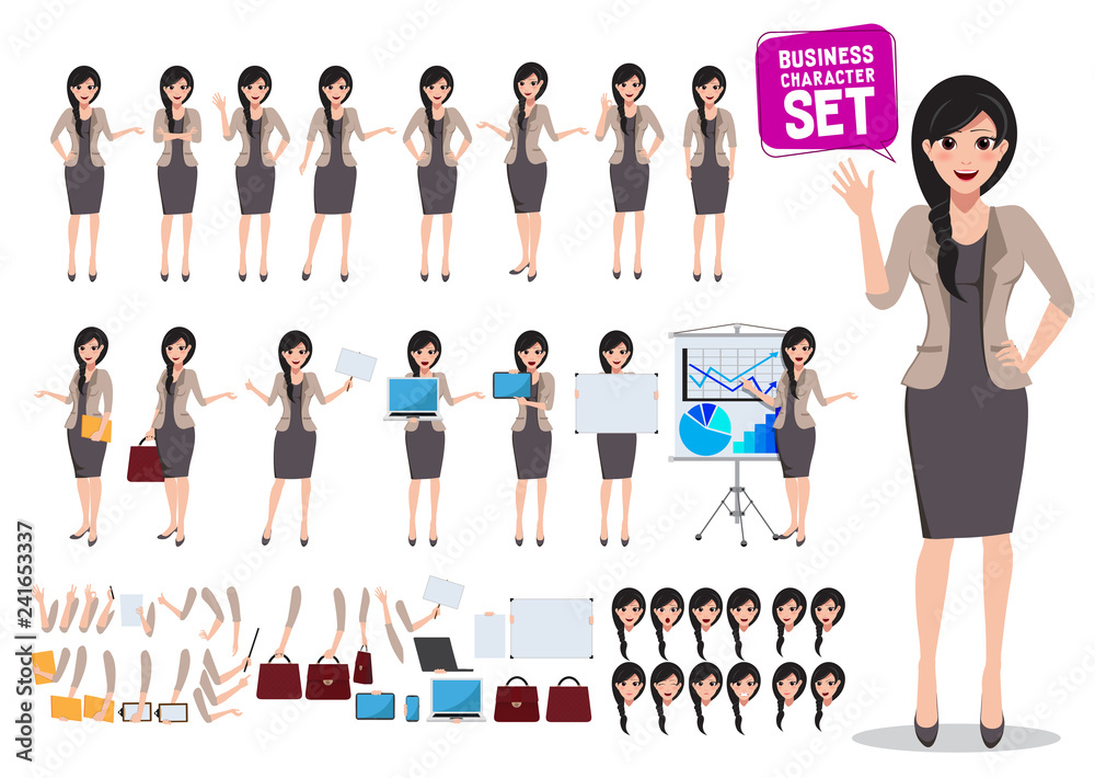 Woman business character vector set. Female office worker standing with ...