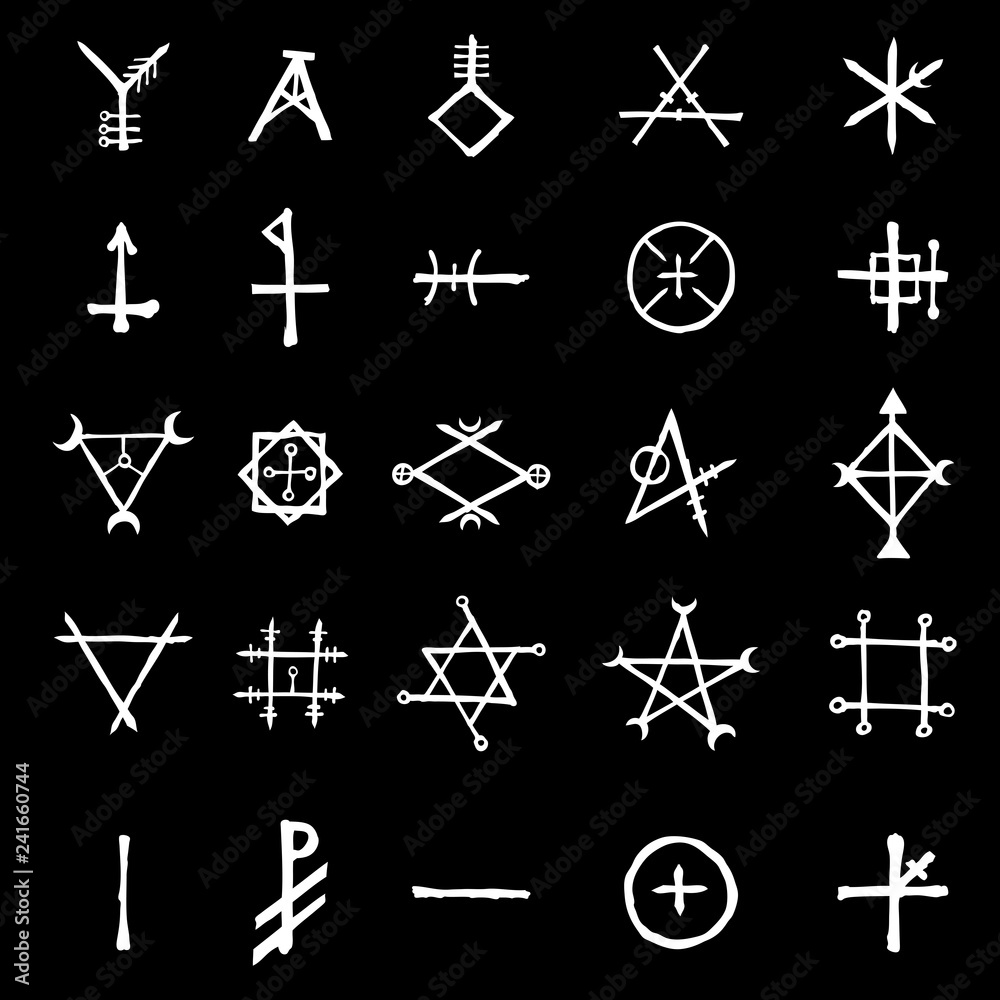 Set with mystic and occult symbols. Hand drawn and written alphabet ...