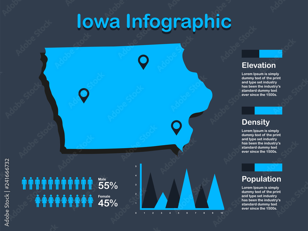 Iowa State (USA) Map with Set of Infographic Elements in Blue Color in ...