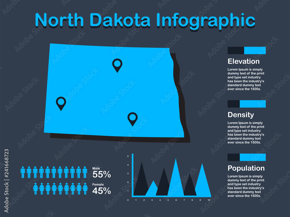 North Dakota State (USA) Map with Set of Infographic Elements in Blue ...
