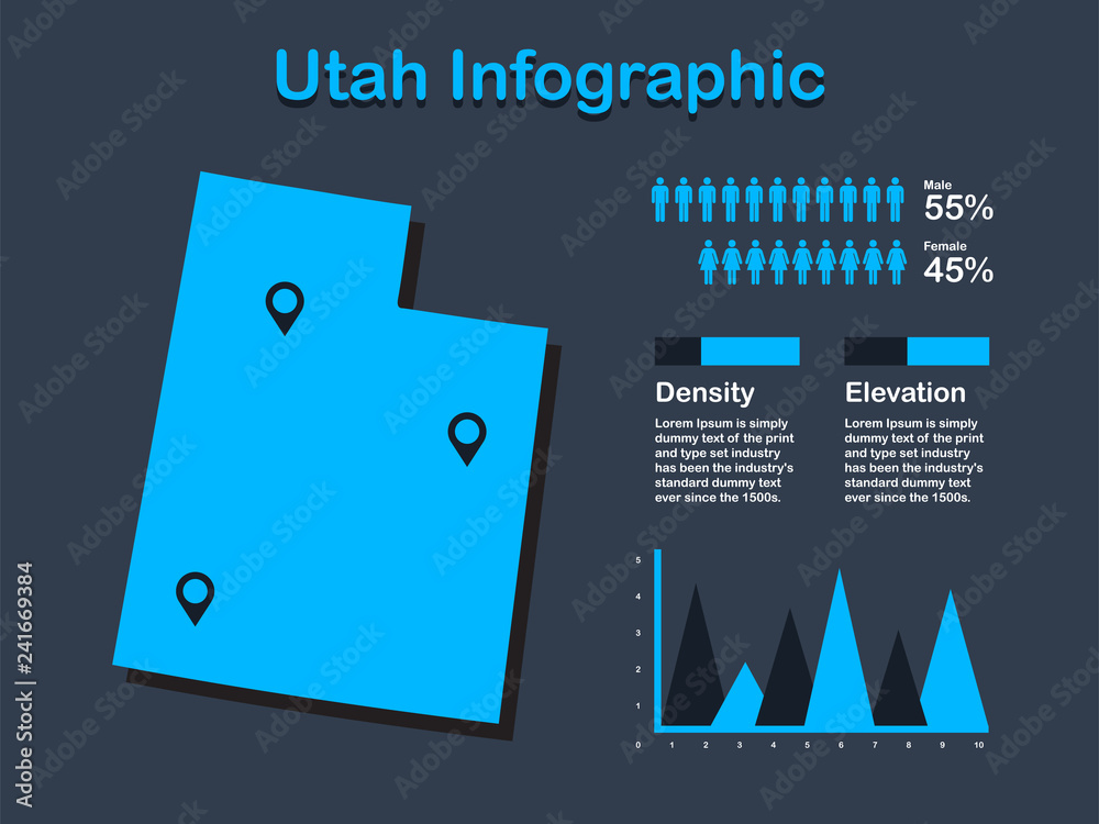 Utah State (USA) Map with Set of Infographic Elements in Blue Color in ...