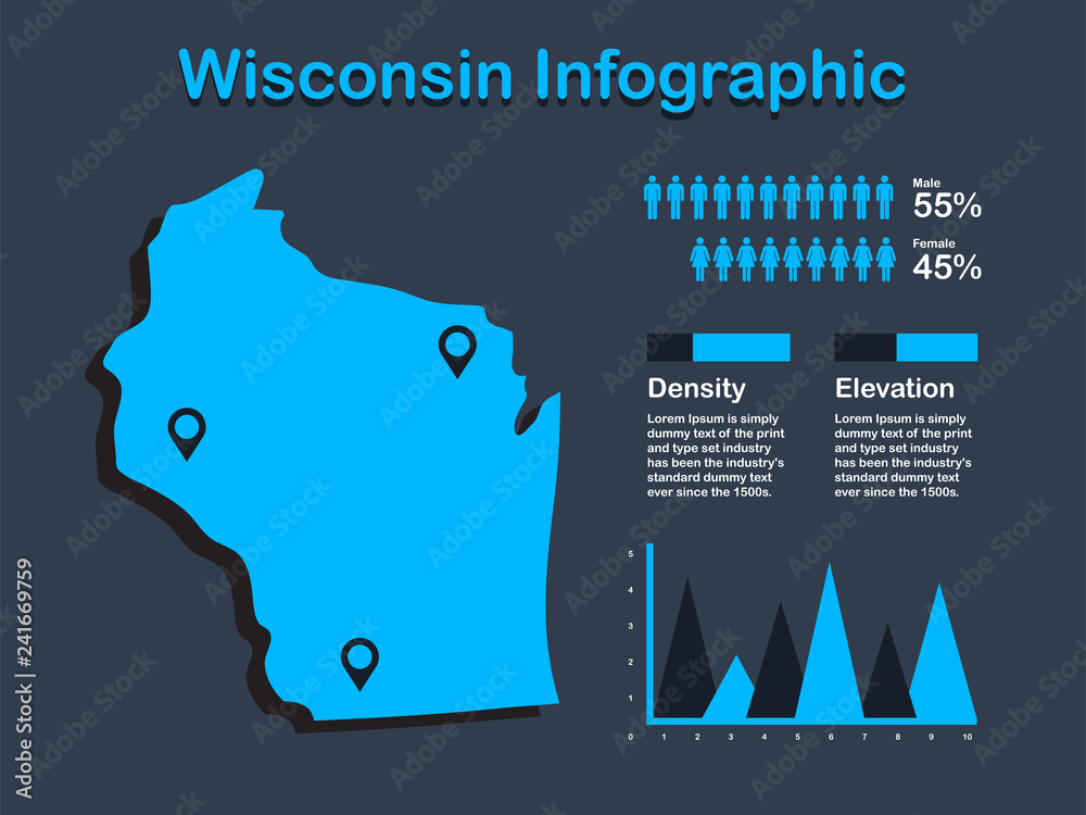 Wisconsin State (USA) Map with Set of Infographic Elements in Blue ...