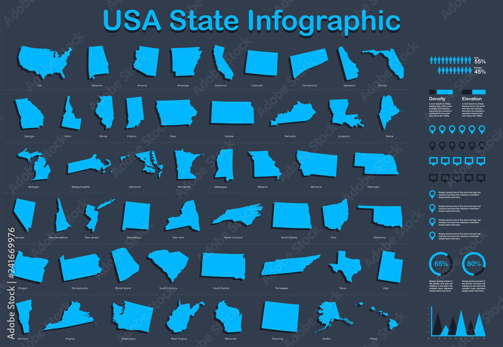 USA All State Map with Set of Infographic Elements in Blue Color in ...