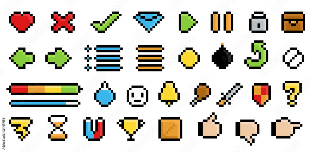 Game pixel icons set isolated on white background. Cute signs and logos ...