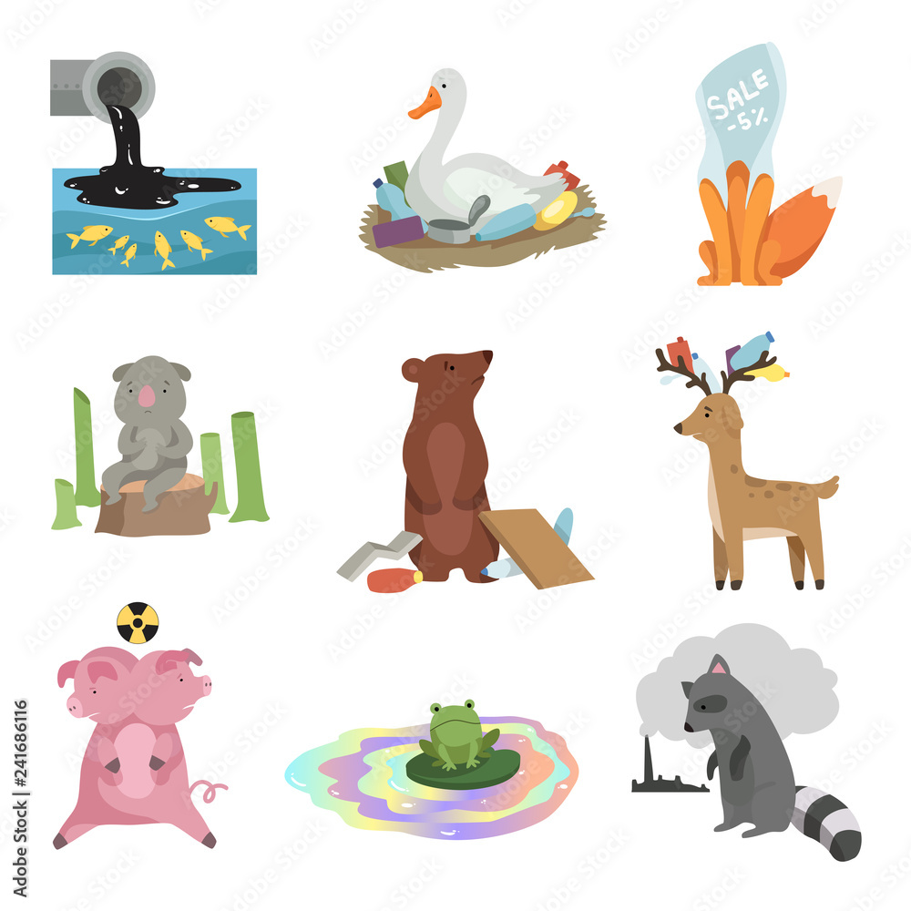 Global environmental problems set, pollution of water, earth ...