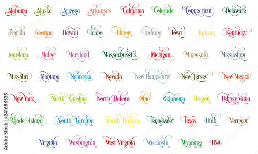 Typography of The USA States Name Colorful Handwriting Illustration on ...