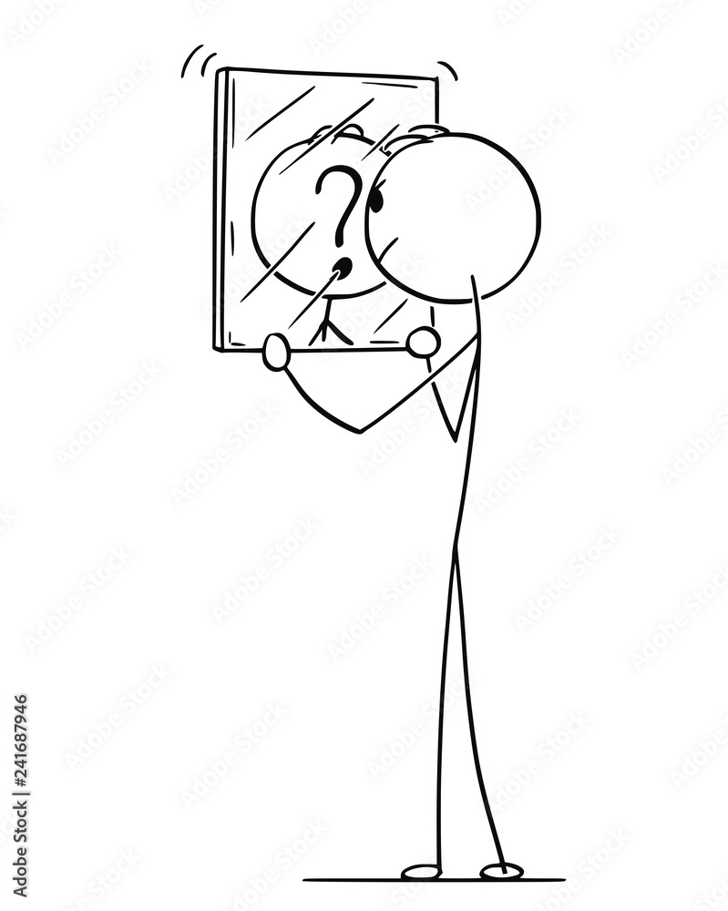 Cartoon stick drawing conceptual illustration of smiling man looking at ...