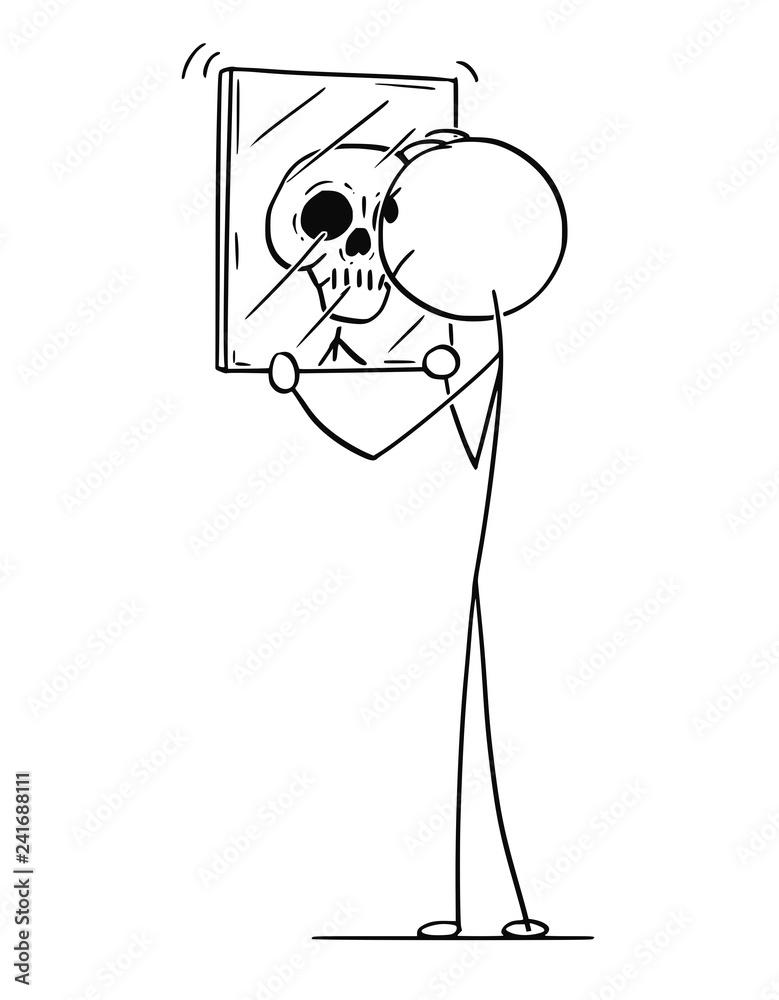 Cartoon stick drawing conceptual illustration of smiling man looking at ...