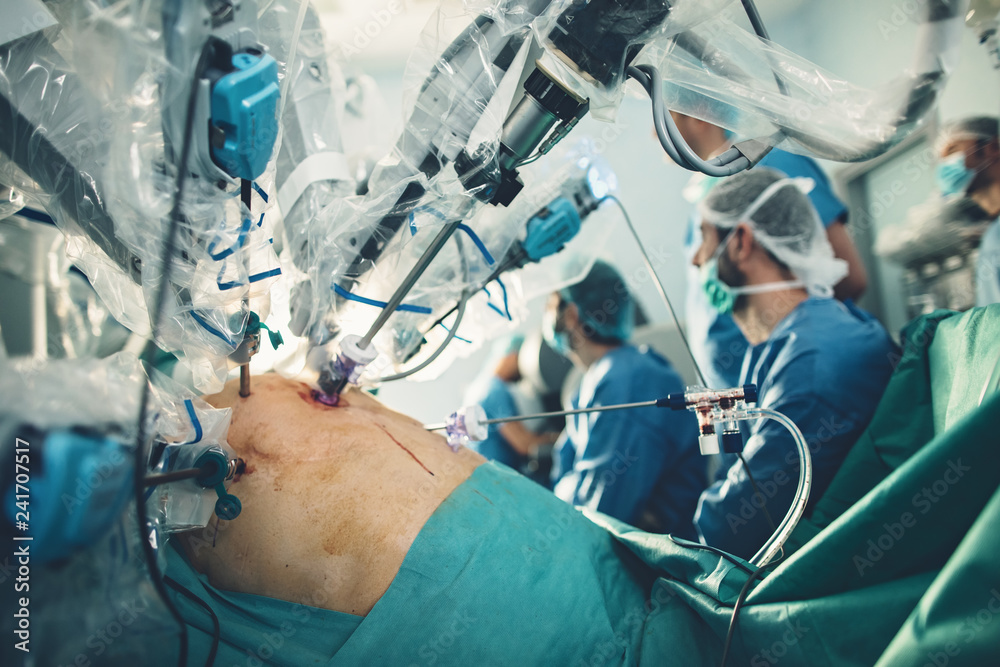 Surgical room in hospital with robotic technology equipment, machine ...