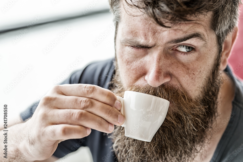 Coffee break concept. Guy relaxing with espresso coffee. Enjoy hot ...