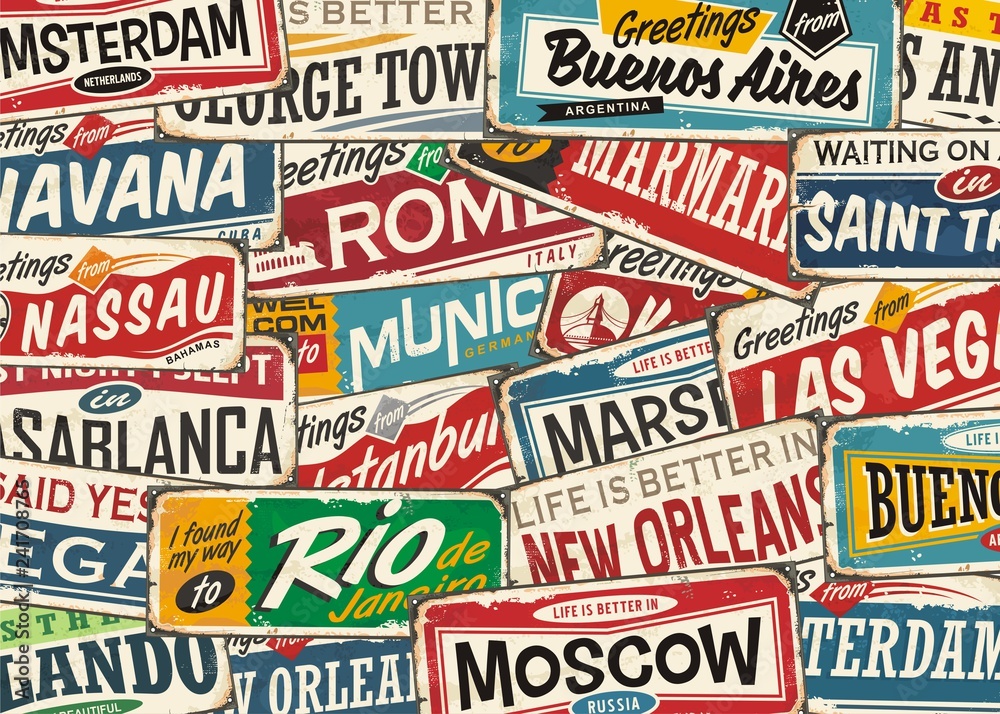 Travel pattern with world wide cities and places. Retro colorful ...
