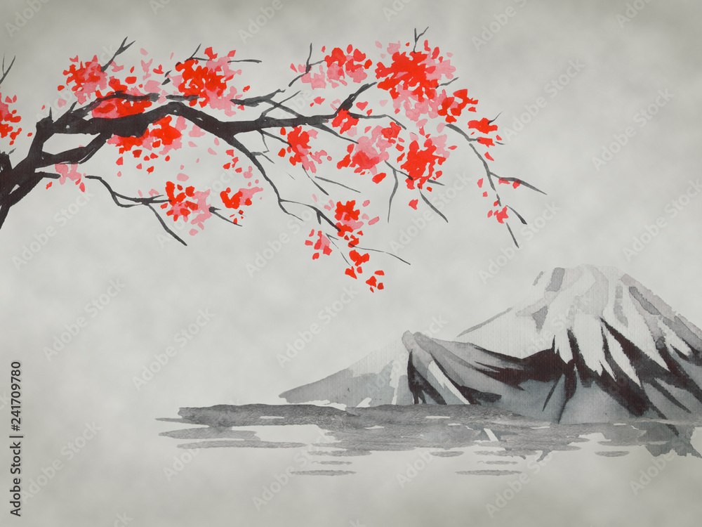 Japan traditional sumi-e painting. Fuji mountain, sakura, sunset. Japan ...