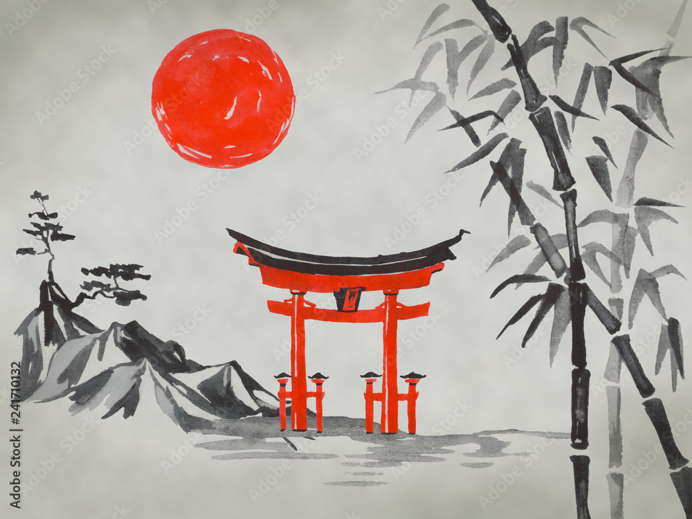 Japan traditional sumi-e painting. Fuji mountain, sakura, sunset. Japan ...