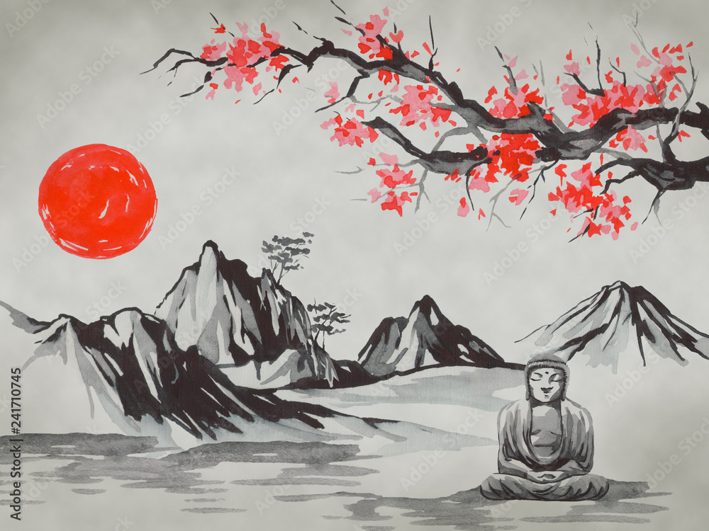 Japan traditional sumi-e painting. Fuji mountain, sakura, sunset. Japan ...