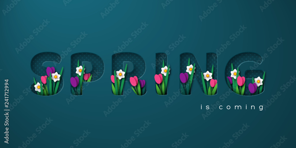 Spring is coming typographic design for seasonal greetings. 3d paper ...