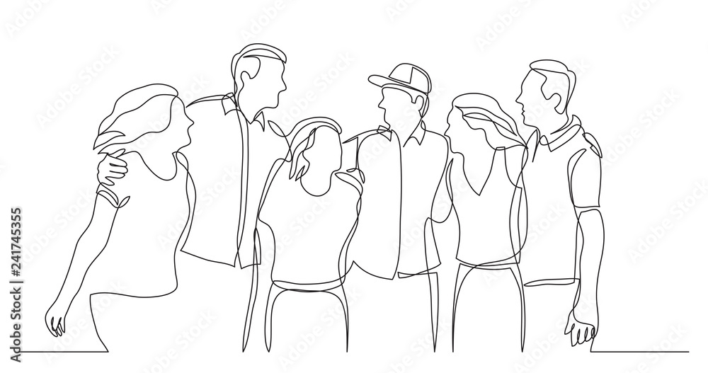 group of happy friends standing together and laughing - one line ...