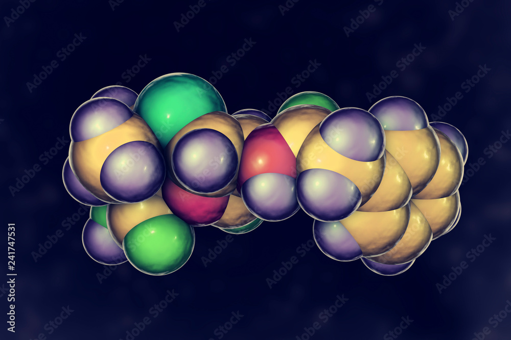 Molecular model of penicillin antibiotic, 3D illustration. It is one of ...