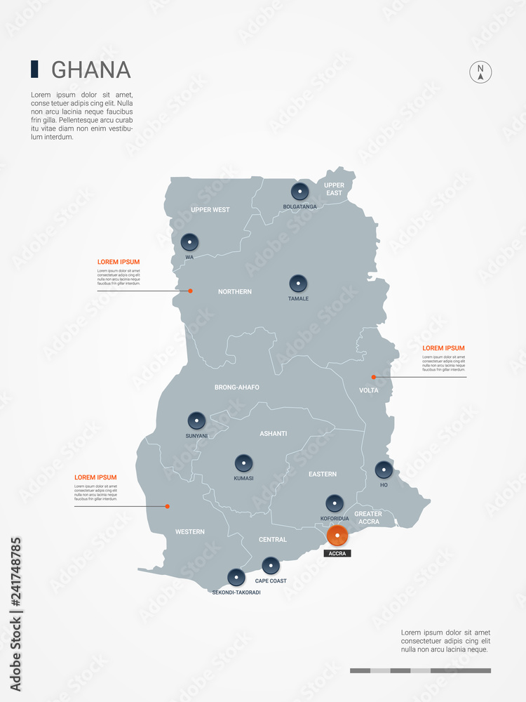 Ghana map with borders, cities, capital and administrative divisions ...