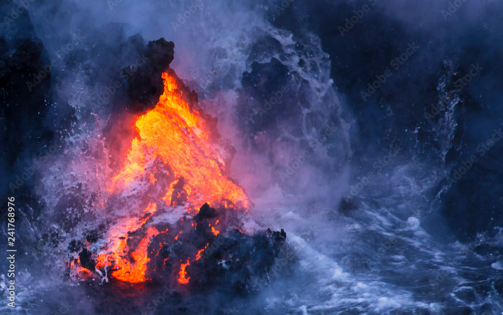 Lava flowing into water Photos | Adobe Stock