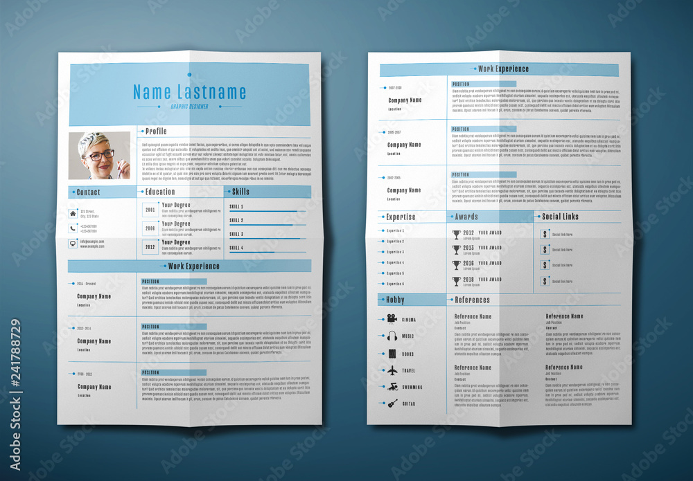 Resume Layout with Blue Accents Stock Template | Adobe Stock