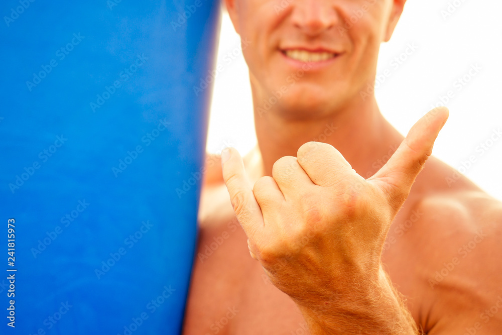 shaka hand gesture surfers symbol.shirtless surfer man surfboard beach ...