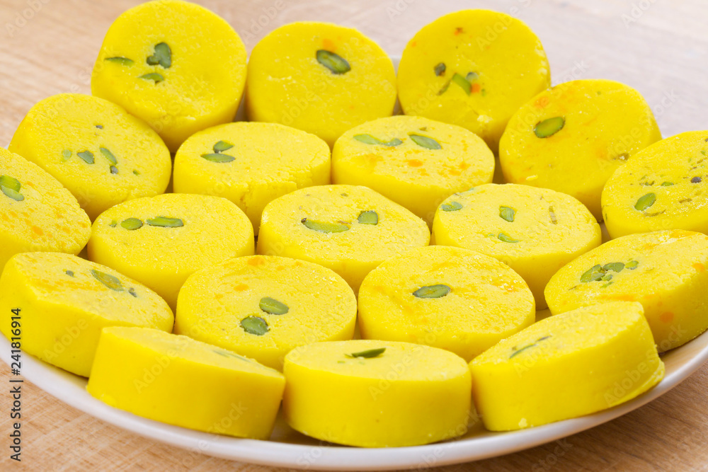 Zdjęcie Stock: Indian Sweet Food Kesar Peda Also Know as Kesar Mawa ...