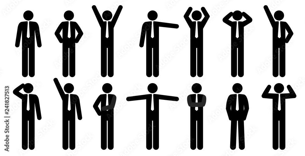 Set of stick people in different poses isolated on white background ...