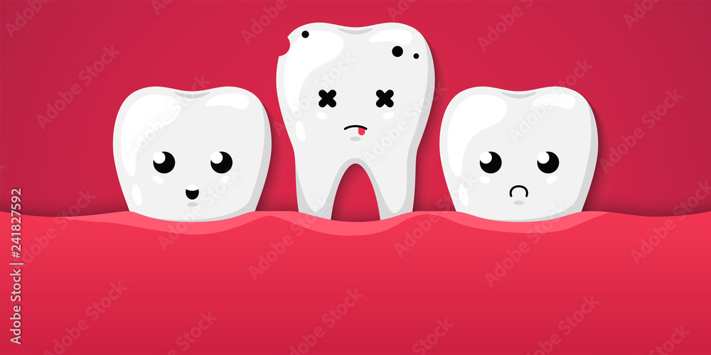 Tooth isolated on a red background. Cute cartoon character. Tooth ...