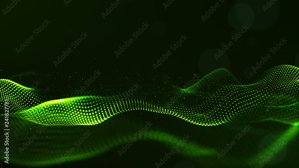 Abstract green color digital particles wave with dust and light ...