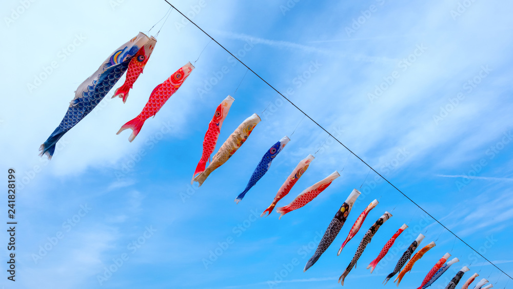 Koinobori carp-shaped windsocks at Kintakami Tenshochi park in iwate ...
