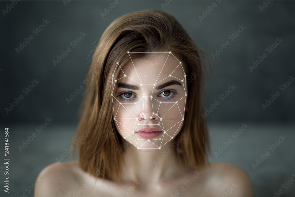 Foto de Biometric face detection. Portrait of a very beautiful girl. do ...