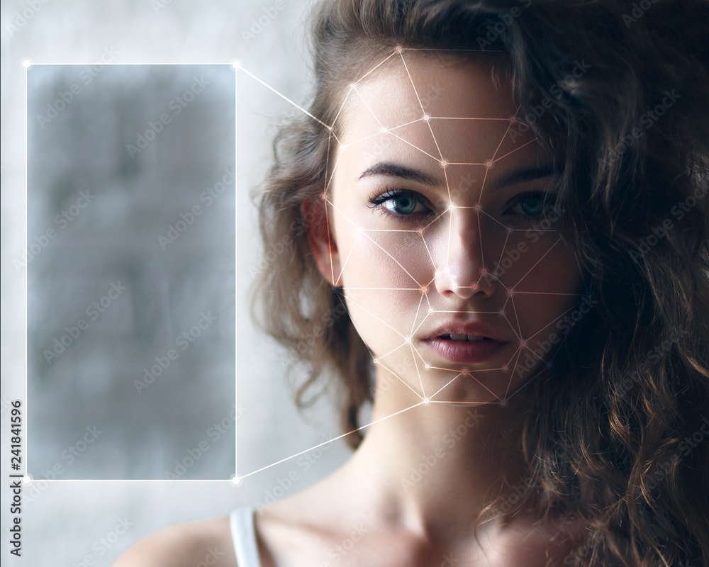 Biometric face detection. Portrait of a very beautiful girl. Stock ...