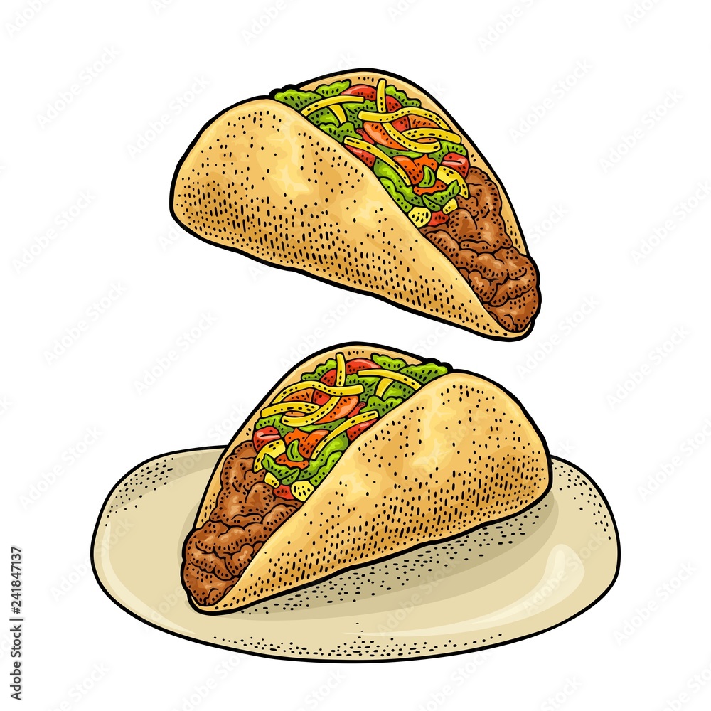 Tacos - mexican traditional food. Vector color vintage engraved Stock ...