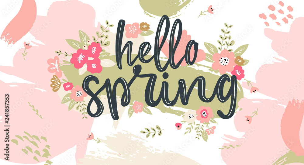 Hello Spring hand written lettering words.Hand drawn typography banner ...