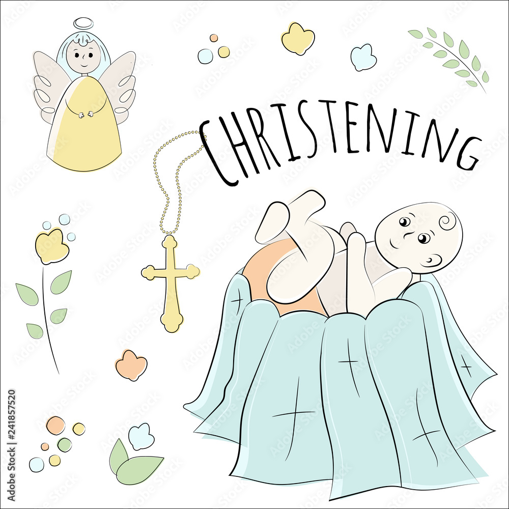Baptism of the child in the church, christening. Vector set of isolated ...