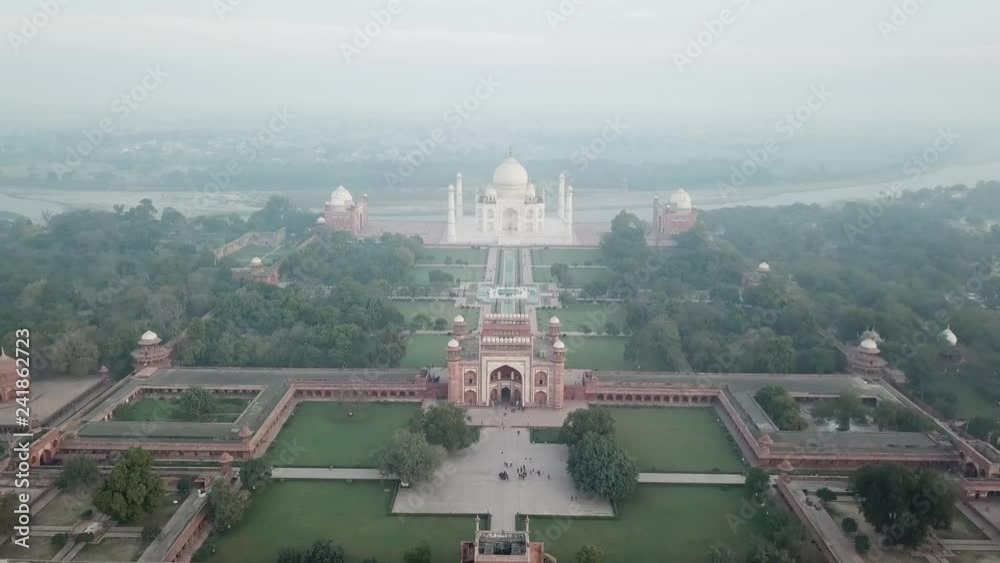 Taj Mahal Aerial Panoramic Fly Out Main Gate and Yamuna River by Drone ...