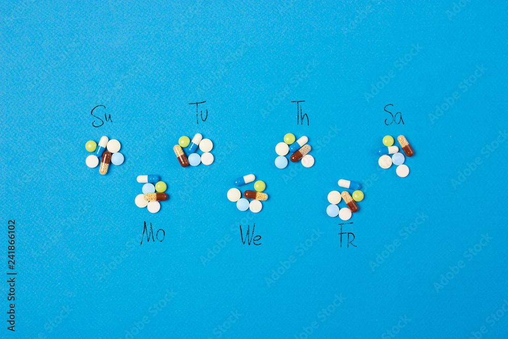 Weekly plan or schedule of medication in pills and capsules with the ...