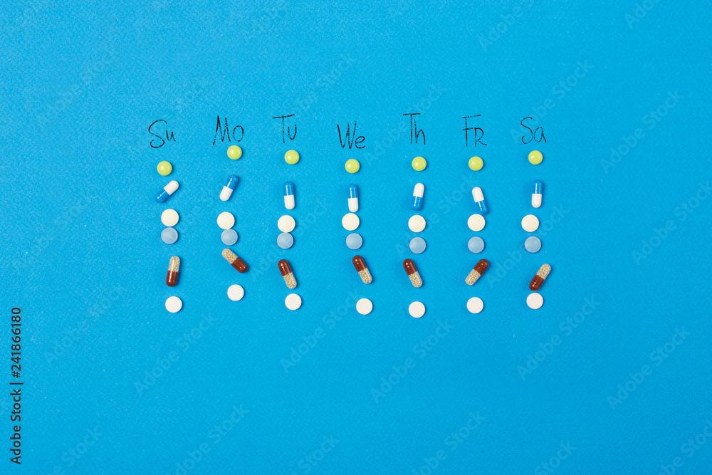 Weekly plan or schedule of medication in pills and capsules with the ...