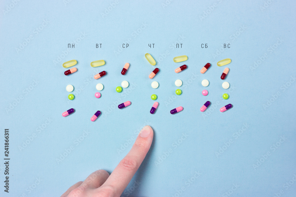 Weekly plan or schedule of medication in pills and capsules with the ...