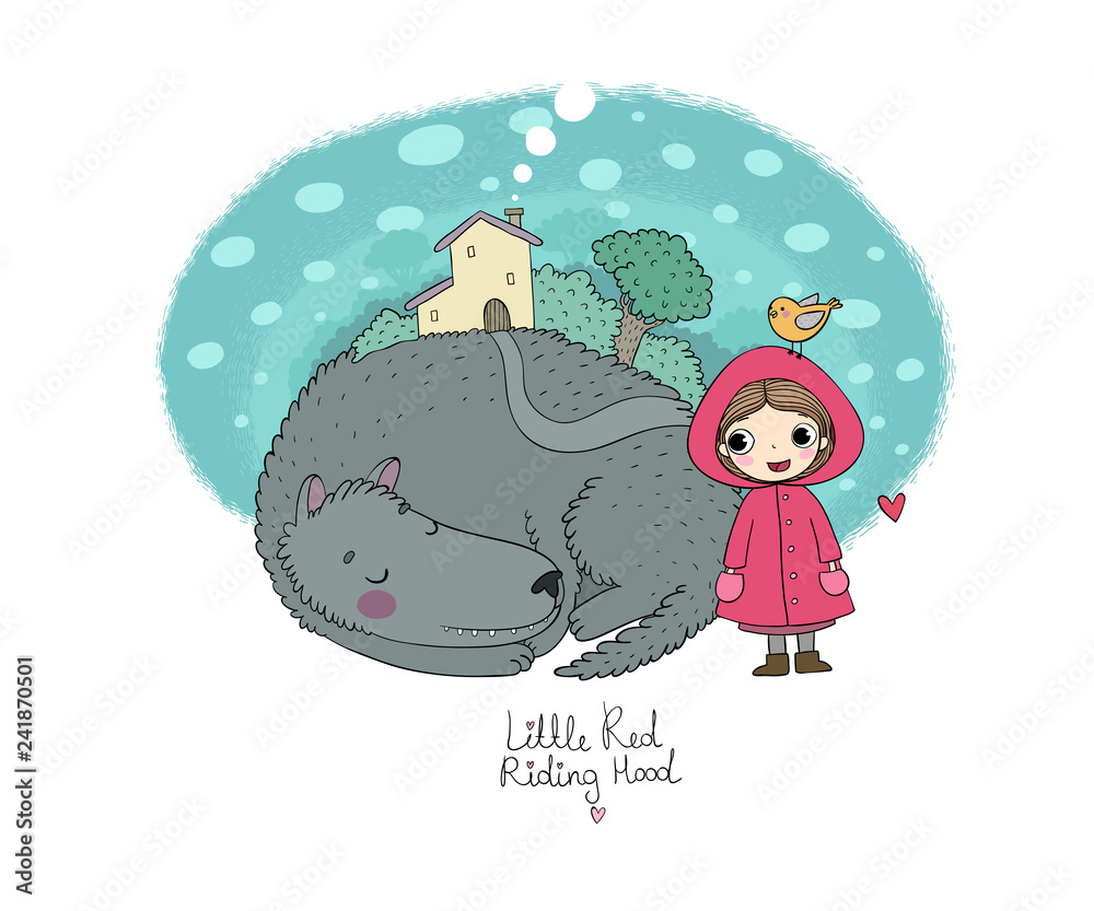 Cute cartoon little girl. Red Riding Hood fairy tale. Hand drawing ...