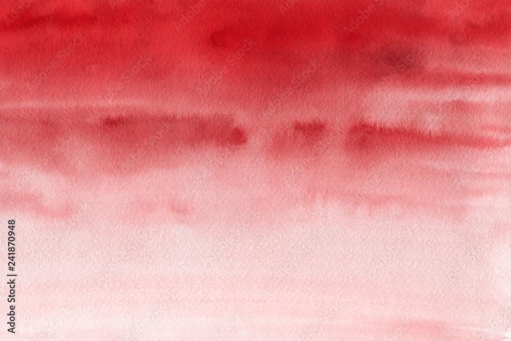 Red ink and watercolor textures on white paper background. Paint leaks ...