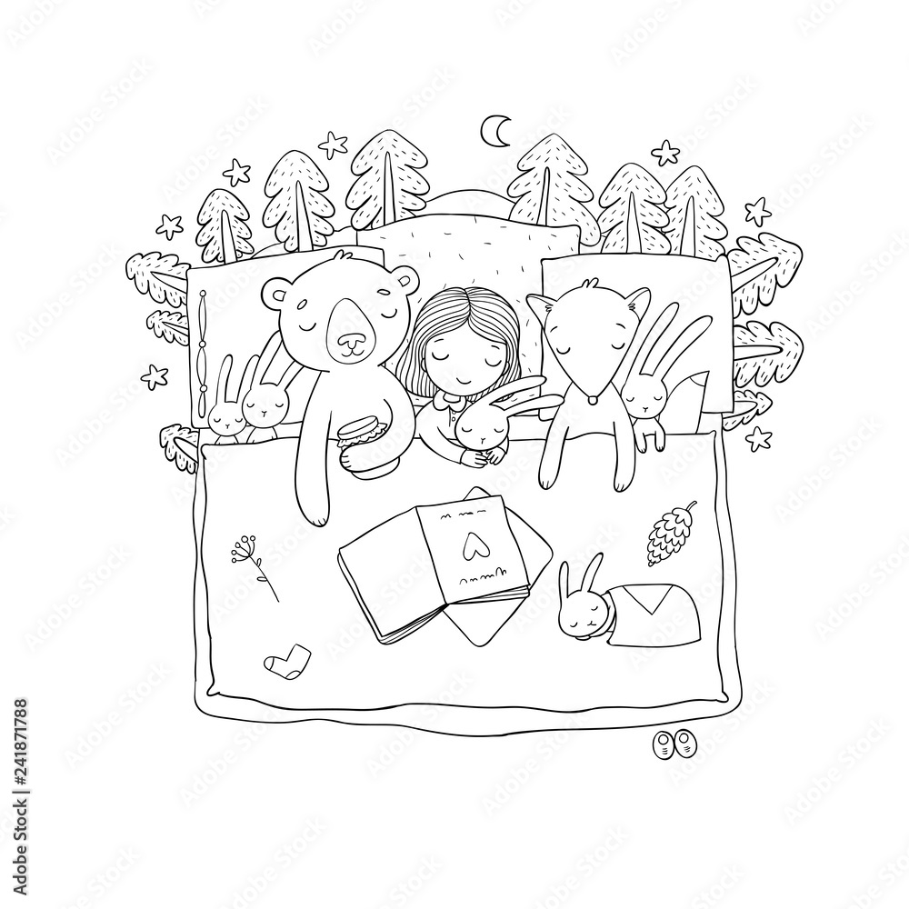 Cartoon girl sleeping in bed. Baby and toys. animals of the forest ...