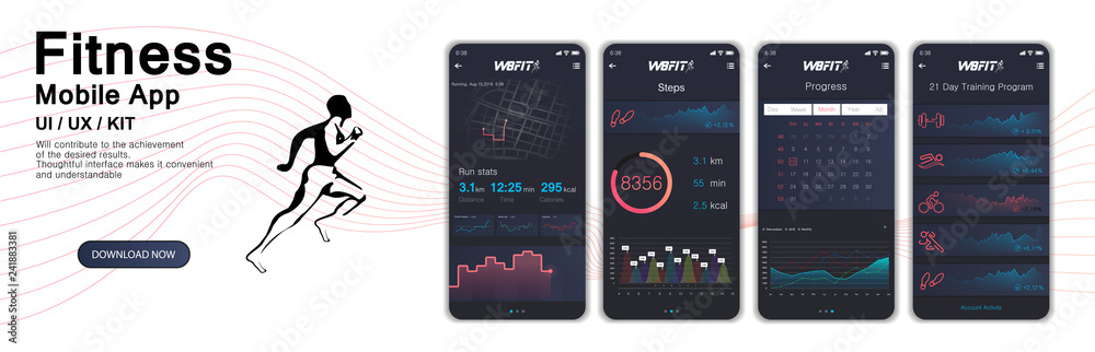 Different UI, UX, GUI screens fitnes app and flat web icons for mobile ...